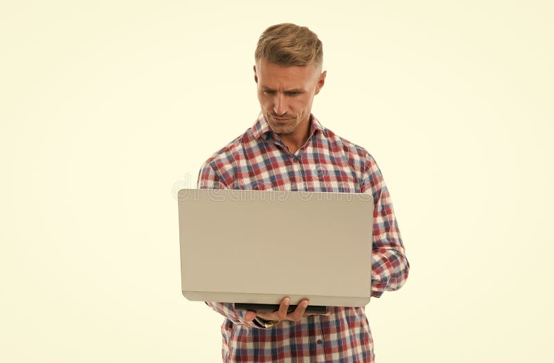 Freelance Programmer. Computer User Isolated on White. Handsome Man Use ...
