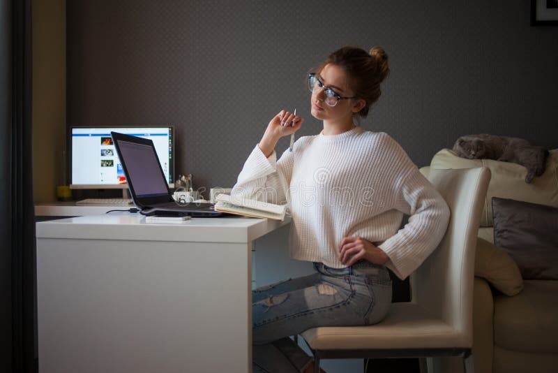 Freelance and Remote Work. Abnormal Working Hours, Fatigue. Stock Photo ...