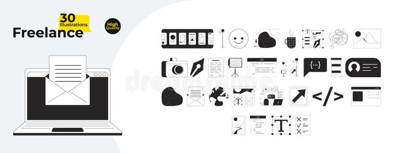 Freelance Services Black and White 2D Line Cartoon Objects Bundle Stock ...