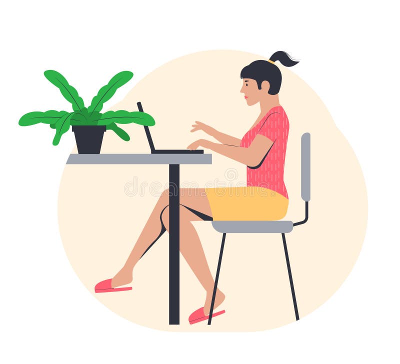 Freelance Work Concept. Young Girl Working from Home Stock Illustration ...