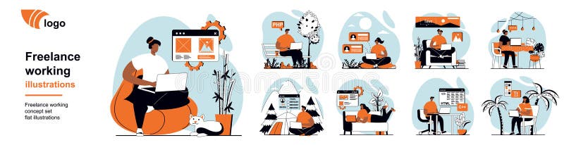 Freelance Working Concept with People Scenes Mega Set in Flat Web Design. Bundle of Character ...