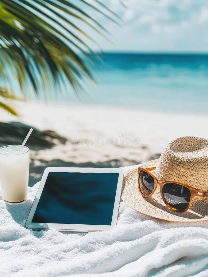 Freelancer Beach Workspace with Tablet and Summer Accessories for ...