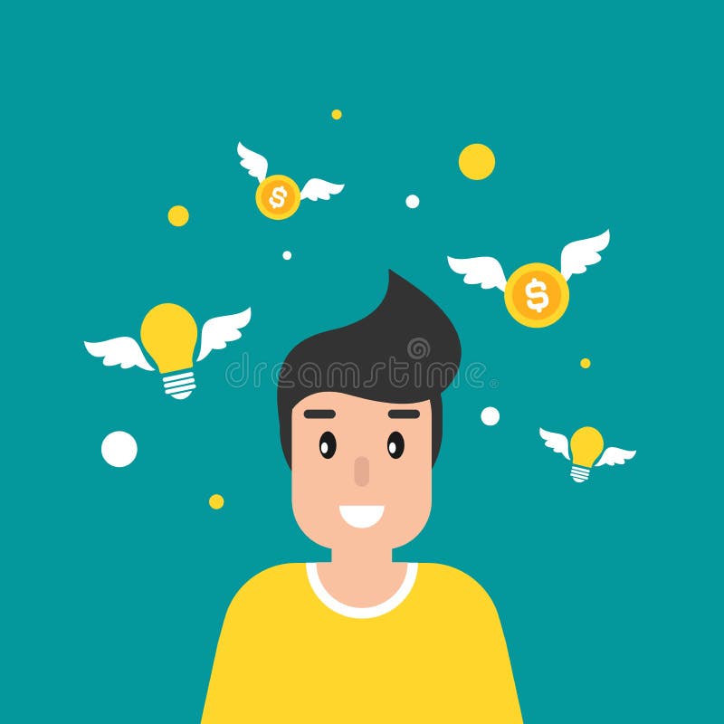 Freelancer with Flying Dollar Coins and Idea Bulbs Stock Illustration ...