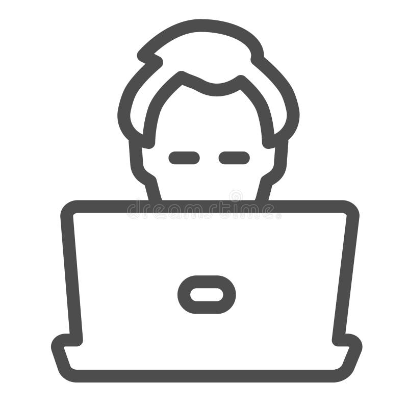 Freelancer Guy with Laptop Line Icon, Remote Work Concept. Vector ...