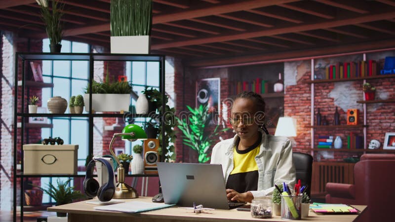 Freelancer in Home Office Opening Laptop, Starting Working on Tasks ...