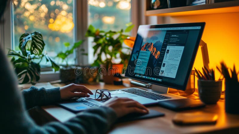 Freelancer in a Home Office Setting, Multitasking between Devices Stock ...