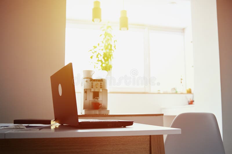 Freelancer Home Workplace. Laptop on Table in Office Interior. Online ...
