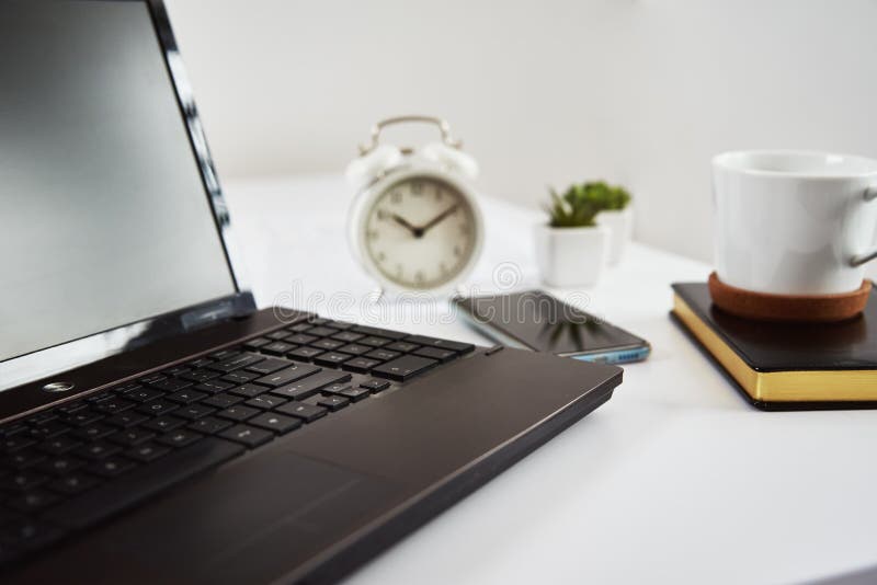 Freelancer Home Workplace. Laptop on Table in Office Interior. Online ...