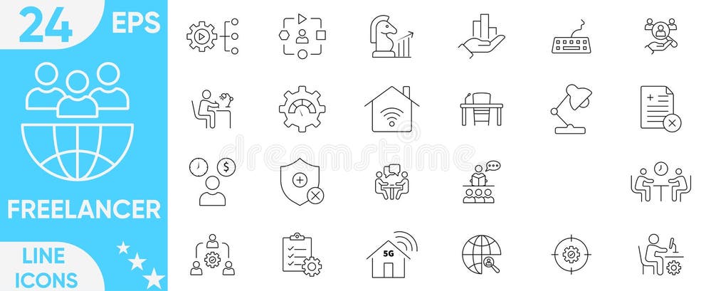 Freelancer Icon Set.work Online, Freelancing, Computer, Meeting, Office ...