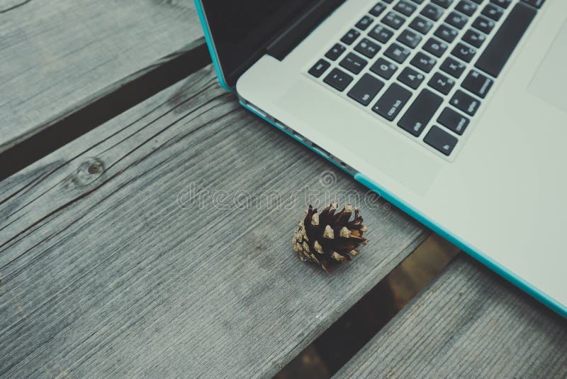 Freelancer Laptop Computer in the Forest on the Wooden Textured Stock ...