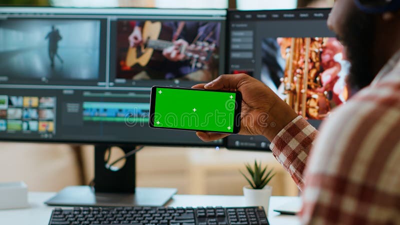 Freelancer Male Video Editor Works from Home with Green Screen Stock ...