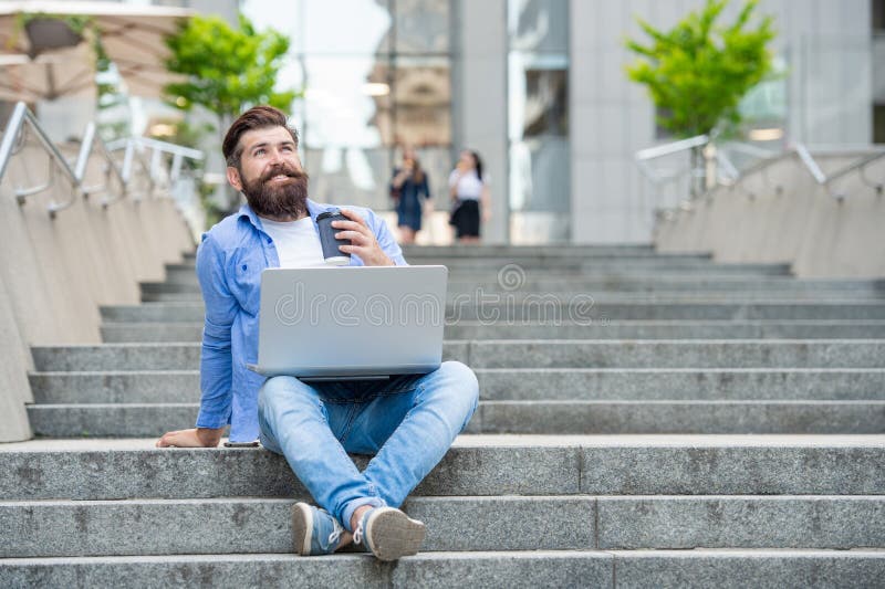 Freelancer Man Has Communication on Laptop, Advertisement. Stock Image ...