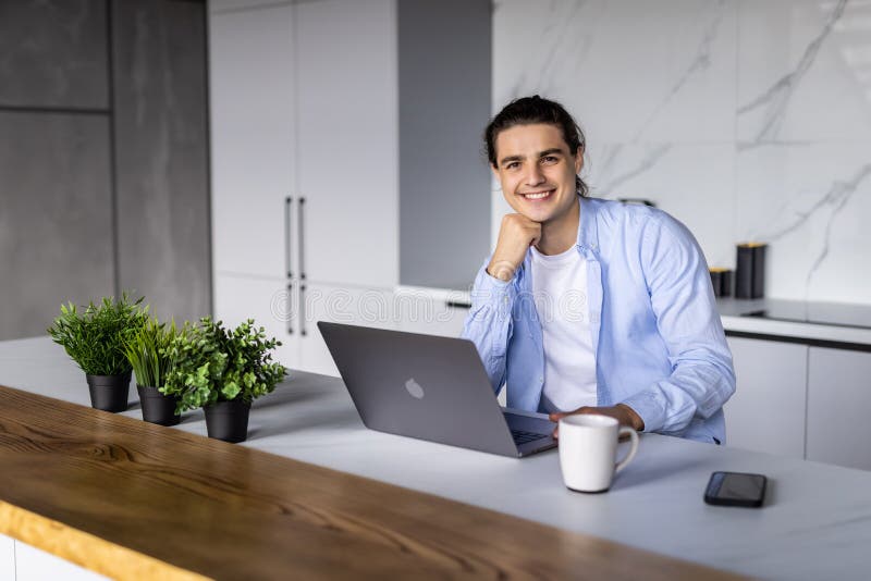 Freelancer Man Working at Home Drinking Coffee from Home Stock Photo ...