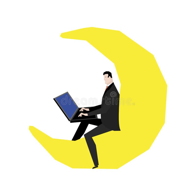 Freelancer on Moon. Man with Laptop is Sitting on Moon Stock Vector ...