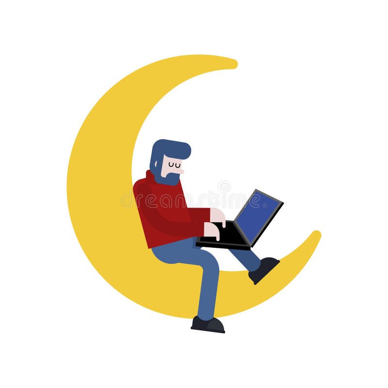 Freelancer on Moon. Man with Laptop is Sitting on Moon Stock Vector ...