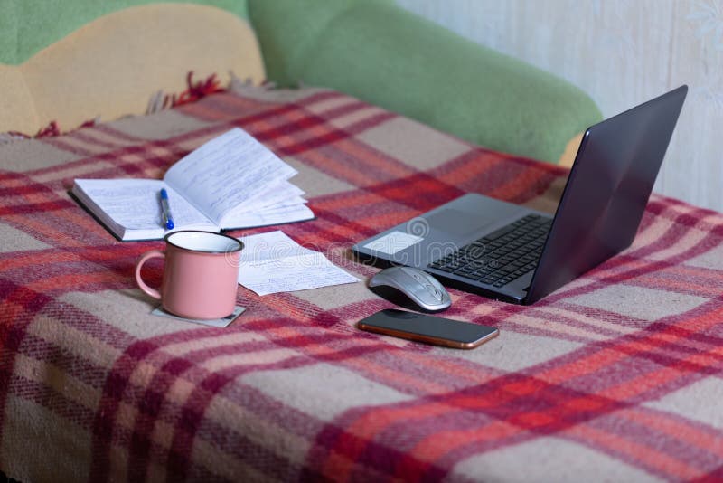 Freelancer`s Home Office on the Couch or Remote Work during Quarantine ...