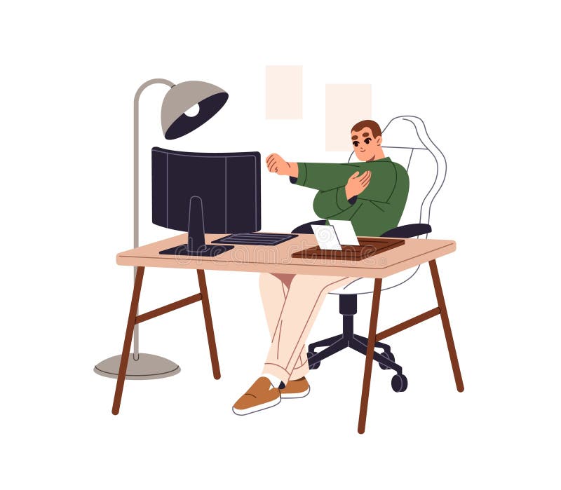 Freelancer with Sedentary Work Does Physical Exercises at Computer Desk ...