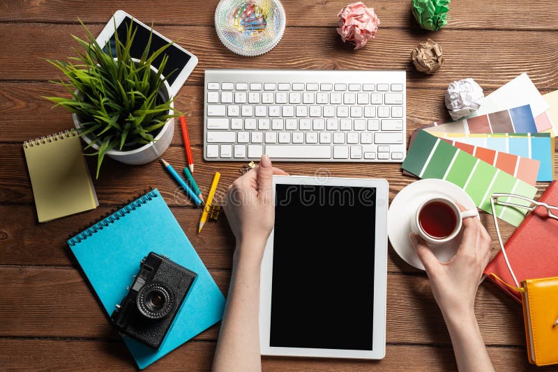 Freelancer Sitting at Desk and Tablet Computer Stock Image - Image of ...