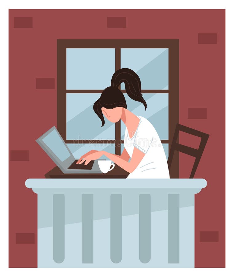 Female Character Working on Computer on Balcony Vector Stock Vector ...