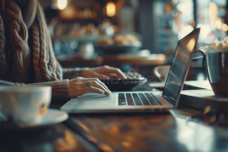Freelancer Typing on Laptop at Coffee Shop, Online Working and Internet ...