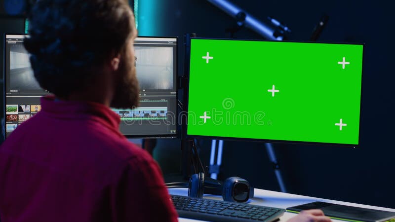 Freelancer Using Editing Tools on Chroma Key PC, Cutting Footage Stock ...