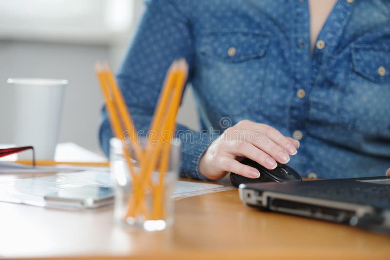 Freelancer Woman Working at Computer while Sitting at the Table. Stock ...