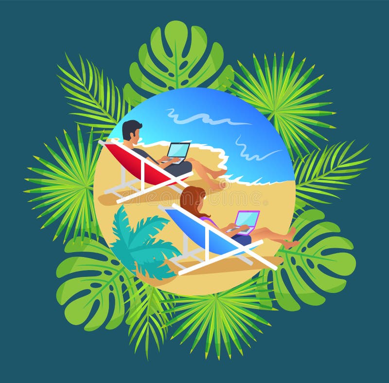 Freelancer Working at Beach, People in Chairs Stock Vector ...
