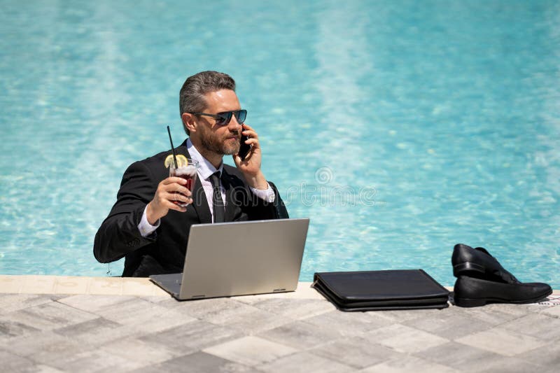 Freelancer Working Online Has Phone Call Swim in Pool Stock Photo ...