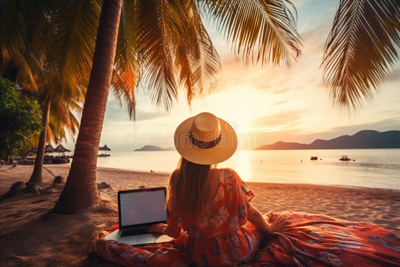 Freelancer Working Remotely on Beach Vacation, Using Laptop for E ...