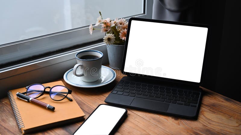 Workspace with Computer Tablet, Mobile Phone, Notebook and Coffee Cup ...