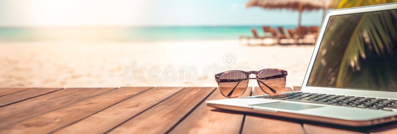 Freelancing on Vacation Laptop on Sandy Beach Backdrop. Stock Photo ...