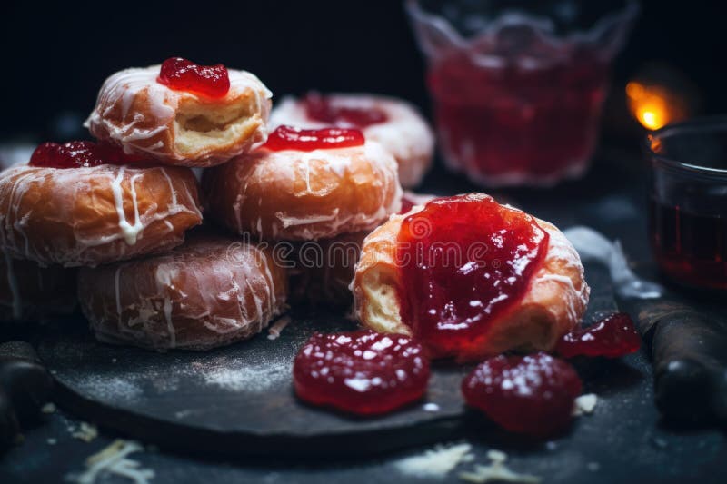 Freelensing View of Jelly-filled Donuts Under Soft Lighting Stock ...