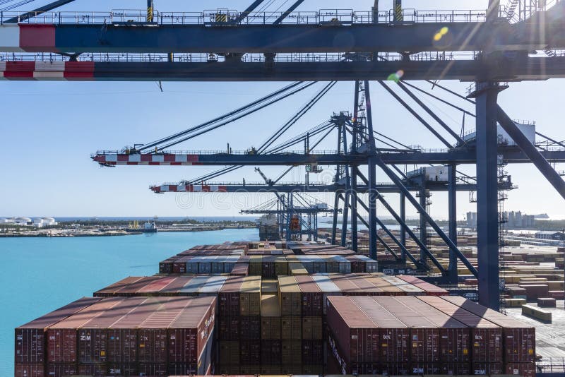 Stack of the Containers Loaded on Deck of the Cargo Ship. Editorial ...