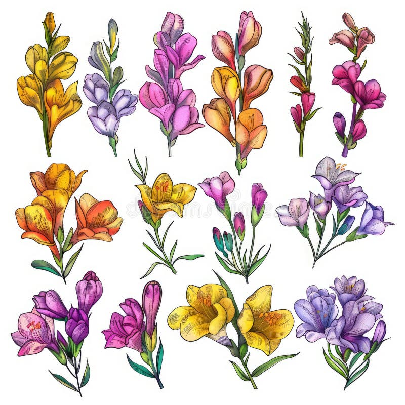 Freesia Flower Art. Colorful Bloom Illustration on White Stock ...