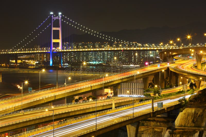 Freeway and Bridge at Night Stock Photo - Image of building, time: 20475654