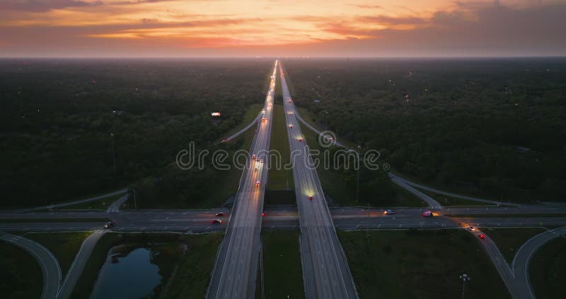 Freeway Exit Junction Over Road Lanes with Fast Moving Traffic Cars and ...