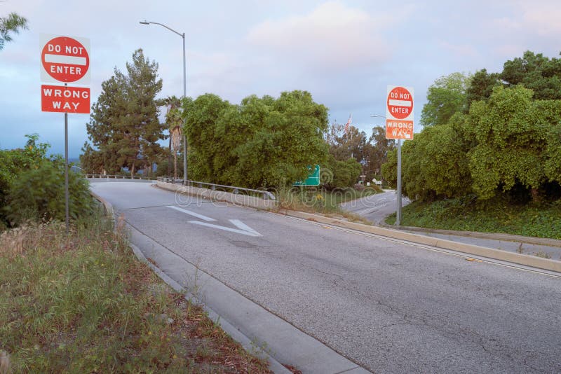 Freeway Exit Ramp with Warning Signs. Stock Photo - Image of angeles ...