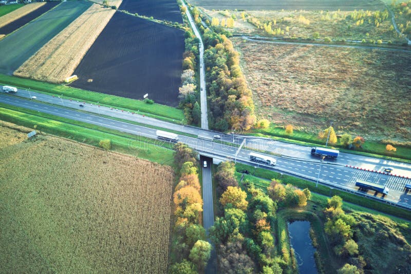 Freeway and Many Fields with Trees, Bridge, Top View Stock Image ...