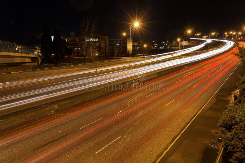 Freeway Traffic Light Trails at Night in Oregon Stock Photo - Image of ...