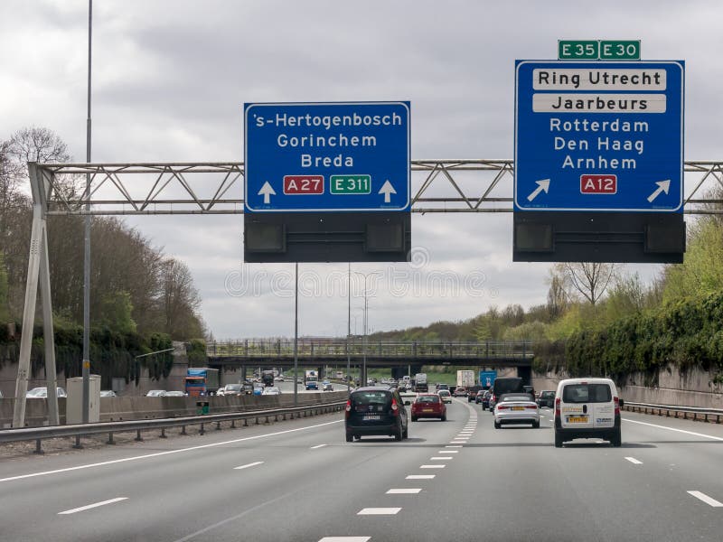 Motorway A4 with Traffic and Route Signs, the Hague, Netherlands ...