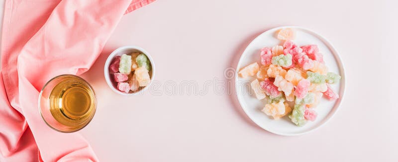 Freeze Dried Chewy Candies on a Plate on a Table Top View Web Banner ...