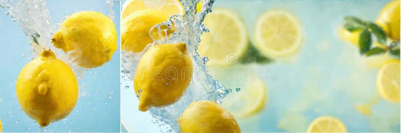 Freeze Motion of Falling Fresh Lemon Fruit into Wa Stock Illustration ...