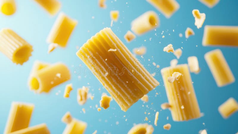 Different Varieties of Pasta Flying and Exploding on a Blue Background ...