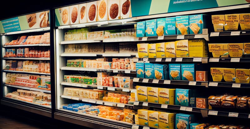 Freezer with Huge Glass Doors and a Variety of Packaging of Various ...