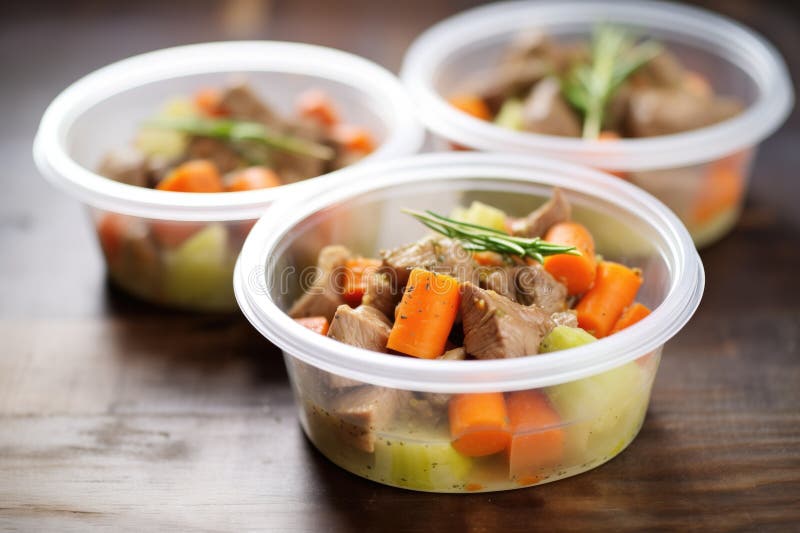 Freezer Meal Concept: Beef Stew Portions in Containers Stock Photo ...