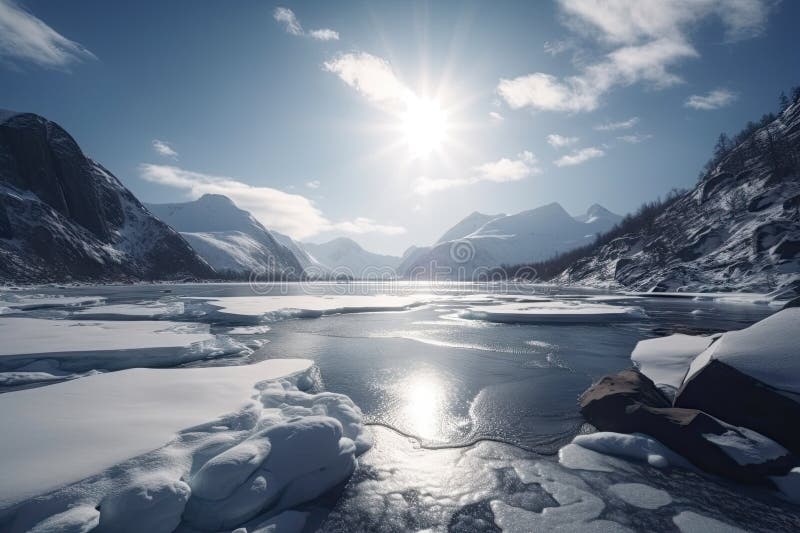 Freezing Fiord in Winter, with Snow-covered Mountains and Icy Landscape ...
