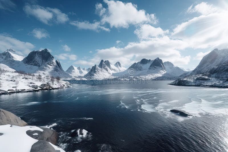 Freezing Fiord in Winter, with Snow-covered Mountains and Icy Landscape ...