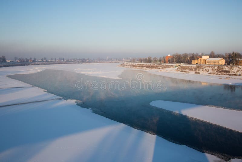 Freezing River with the Steam Over the Water Stock Photo - Image of ...