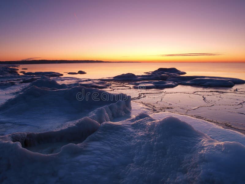 Freezing Sea Shore in the Romantic Evening Light Stock Image - Image of ...