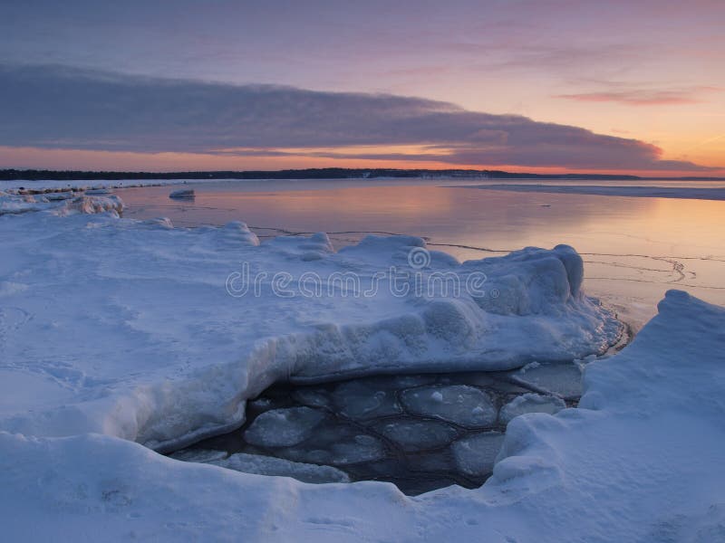 Freezing Sea Shore in the Romantic Evening Light Stock Image - Image of ...